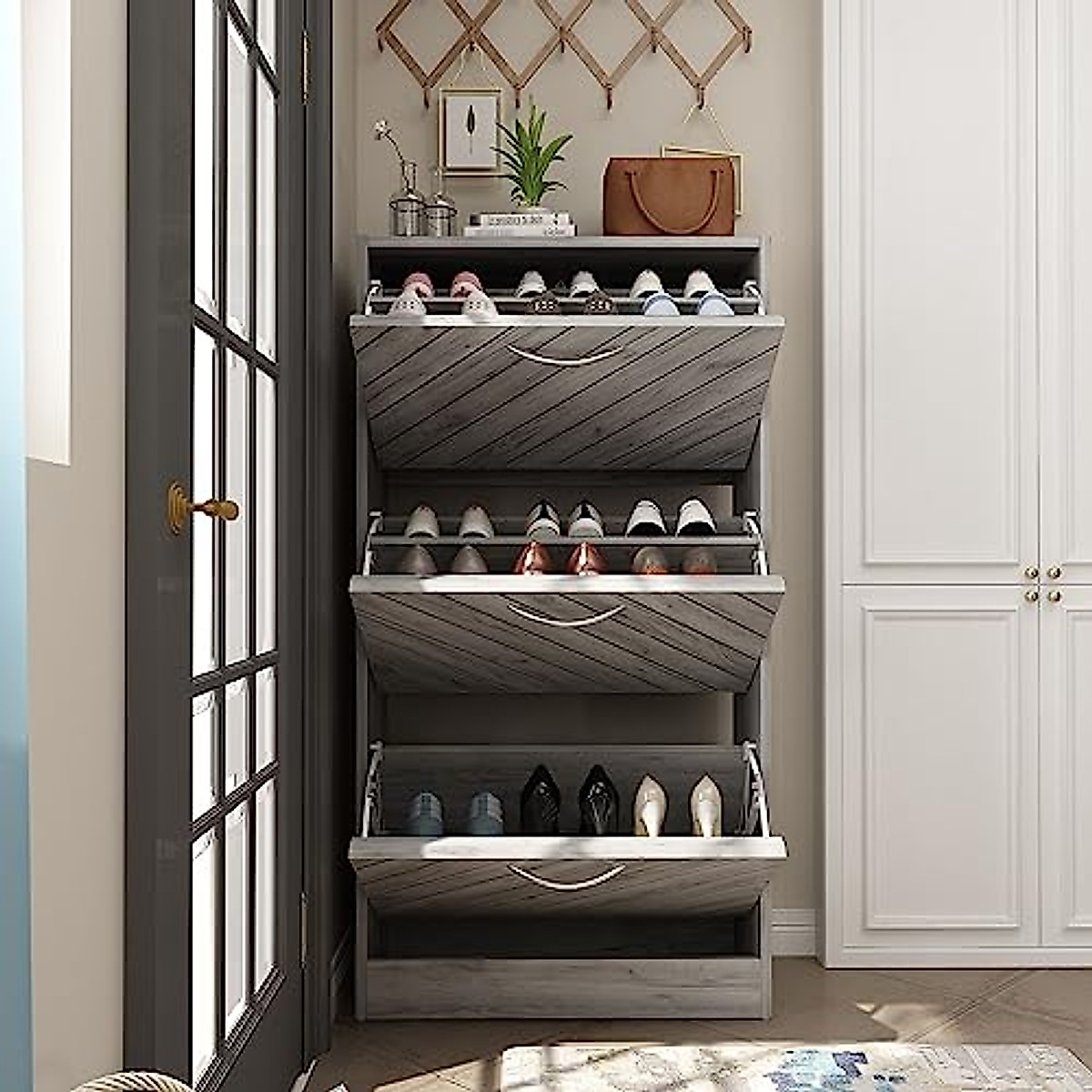FAMAPY Modern Shoe Cabinet with 3 Flip Drawers, Freestanding Shoe Storage Cabinet, Slanted Design, Shoe Storage Organizer for Hallway Entryway Grey (22.4”W x 9.4”D x 42.3”H)
