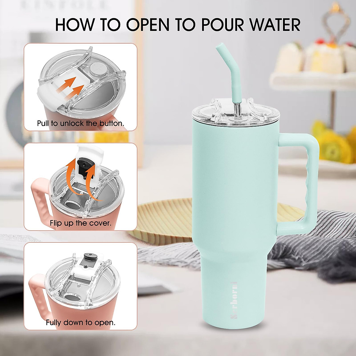 40 oz Tumbler With Handle and 2 Straws 1 Lid, Insulated Tumblers Stainless Steel, Upgraded Leak-Proof Lid For Hot and Cold Insulation Travel Coffee Cup Mug 2024 Upgrade（Green Tint）