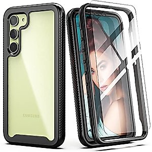 Galaxy S23 Case with Tempered Glass Screen Protector,IDweel Hybrid 2 in 1 Shockproof Slim Fit Transparent Heavy Duty Protection Shock Resistant Hybrid TPU Bumper Cover,Black Bumper/Clear
