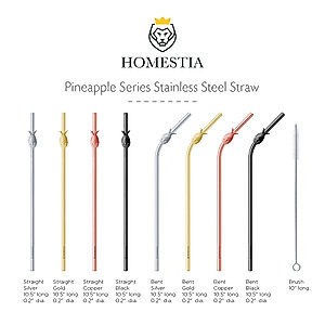 Homestia Reusable Metal Straws with Pineapple Top 10.5" Stainless Steel Straws-8Pcs Drinking Straws for 20 & 30 oz Tumbler-4 Straight+4 Bent+2 Cleaning Brushes+1 Pouch