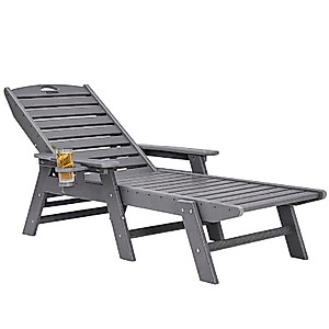 VEVOR Chaise Lounge Chair, 450 lbs Weight Capacity, Adjustable Patio Lounge Chair for Outdoor with 6 Positions Backrest, HDPE Lounge Chair with Cup Holder for Pool Poolside Deck Backyard Lawn, Gray
