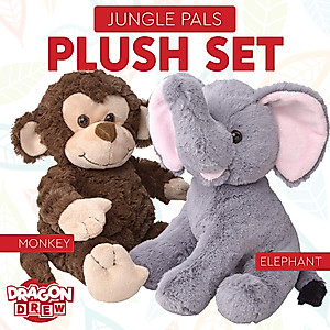 Dragon Drew Elephant and Monkey Stuffed Animals - 2 Soft Plush Animal Toys for Baby, Toddler and Kids - Cute and Cuddly Friends for Boy or Girl - Great Gift for Easter, Christmas, Birthday