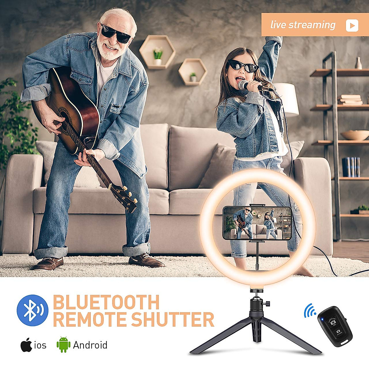 OCROUKI Ring Light with Stand and Phone Holder - Selfie Ring Light with Tripod Stand,3 Lighting Modes and 10 Brightness Levels,for Tiktok,YouTube, Makeup,for Phone and Computer (10.2Inch)