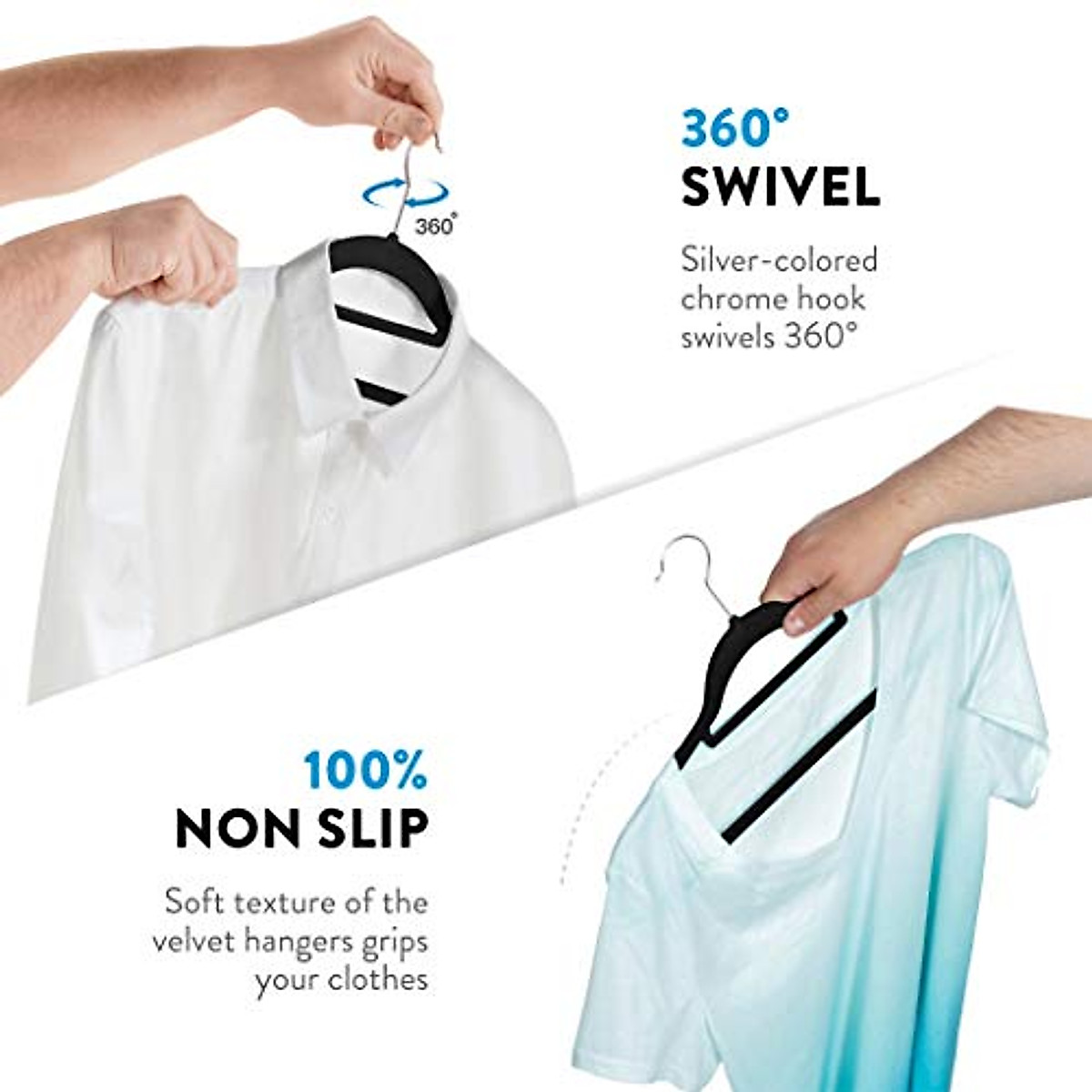 Zober Velvet Hangers 20 Pack - Clothes Hanger W/Tie Bar - Non-Slip, Swivel Hook, Slim Felt Hangers - Suits, Clothes, Pants, Coat Hanger - Black