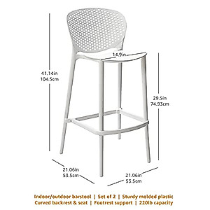 Amazon Basics High Back Indoor Molded Plastic Barstool with Footrest, Set of 2 - White