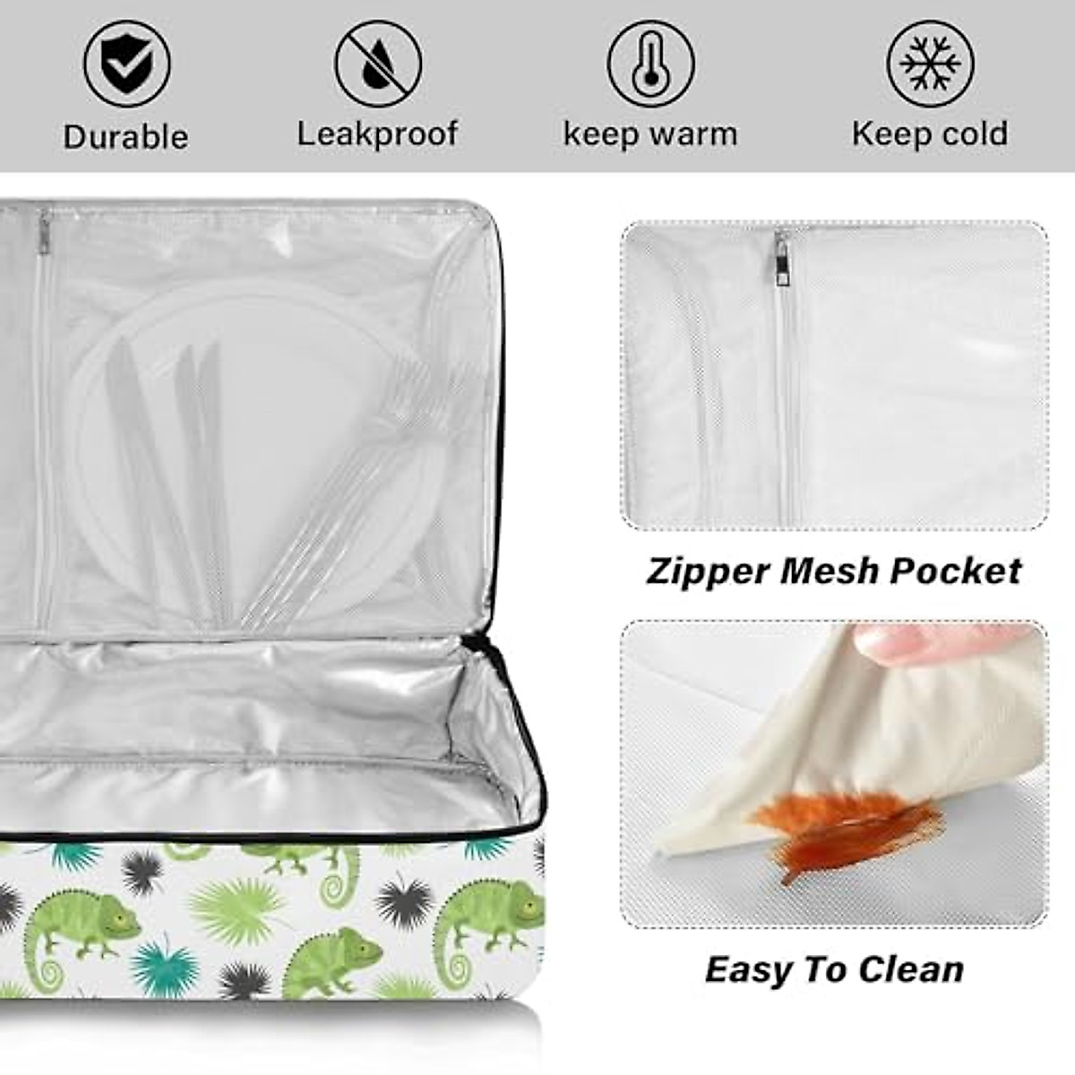 Kcldeci Insulated Thermal Food Carrier Insulated Casserole Carrier for Hot or Cold Food,Tropical Chameleons and Palm Leaves Insulated Tote Bag for Potluck Cookouts Parties Picnic,Lasagna Lugger