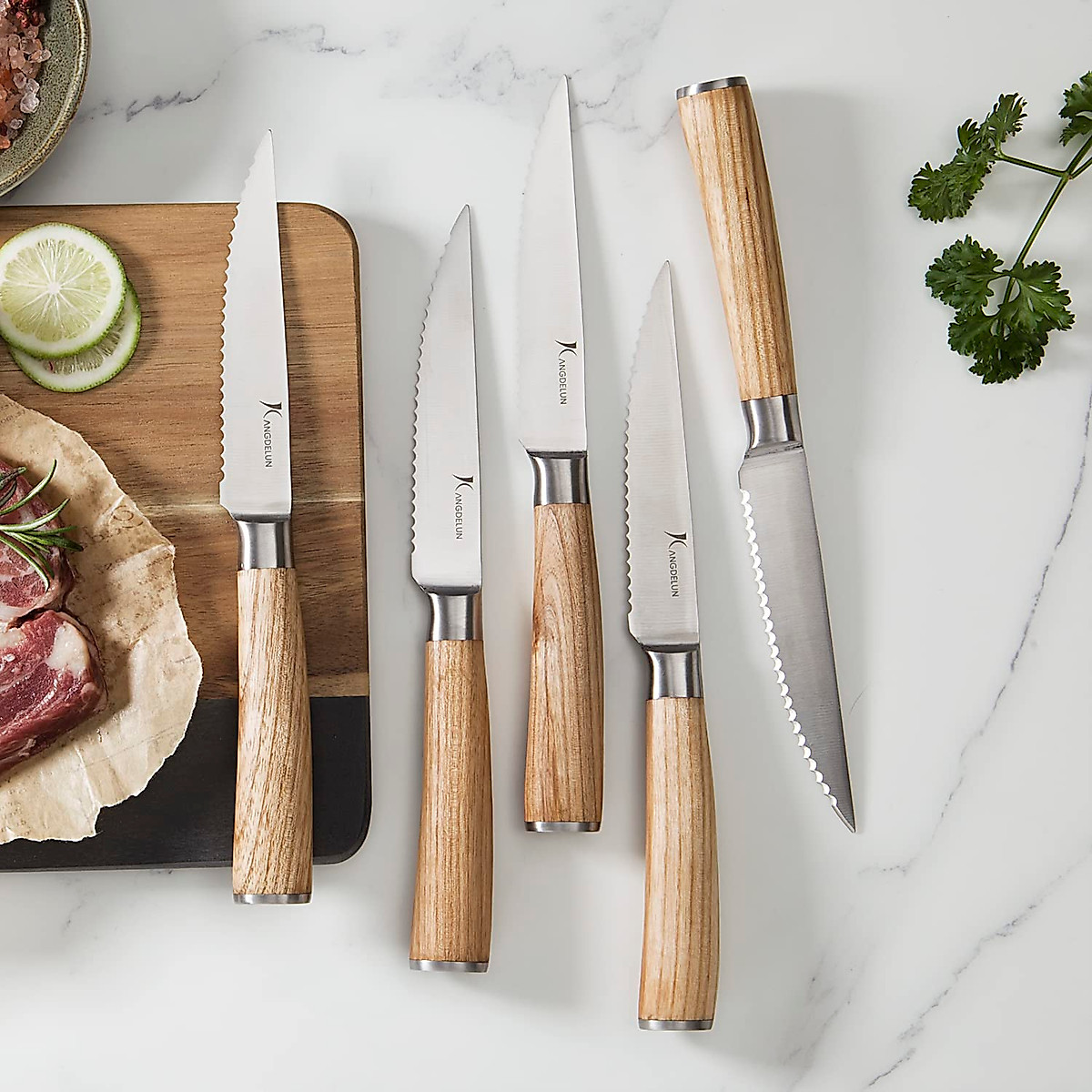 kangdelun Natura Series 4.5” Serrated Steak Knife Set of 6, High Carbon Stainless Steel, Wooden Handle