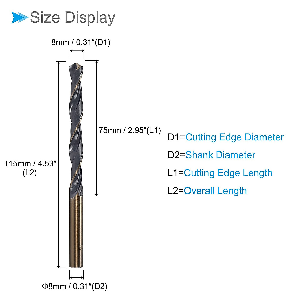 CoCud Twist Drill Bits, 8mm Cutting Edge, Titanium & Nitride Coated High Speed Steel 4341 Round Shank - (Applications: for Stainless Steel Drilling Machine), 2-Pieces