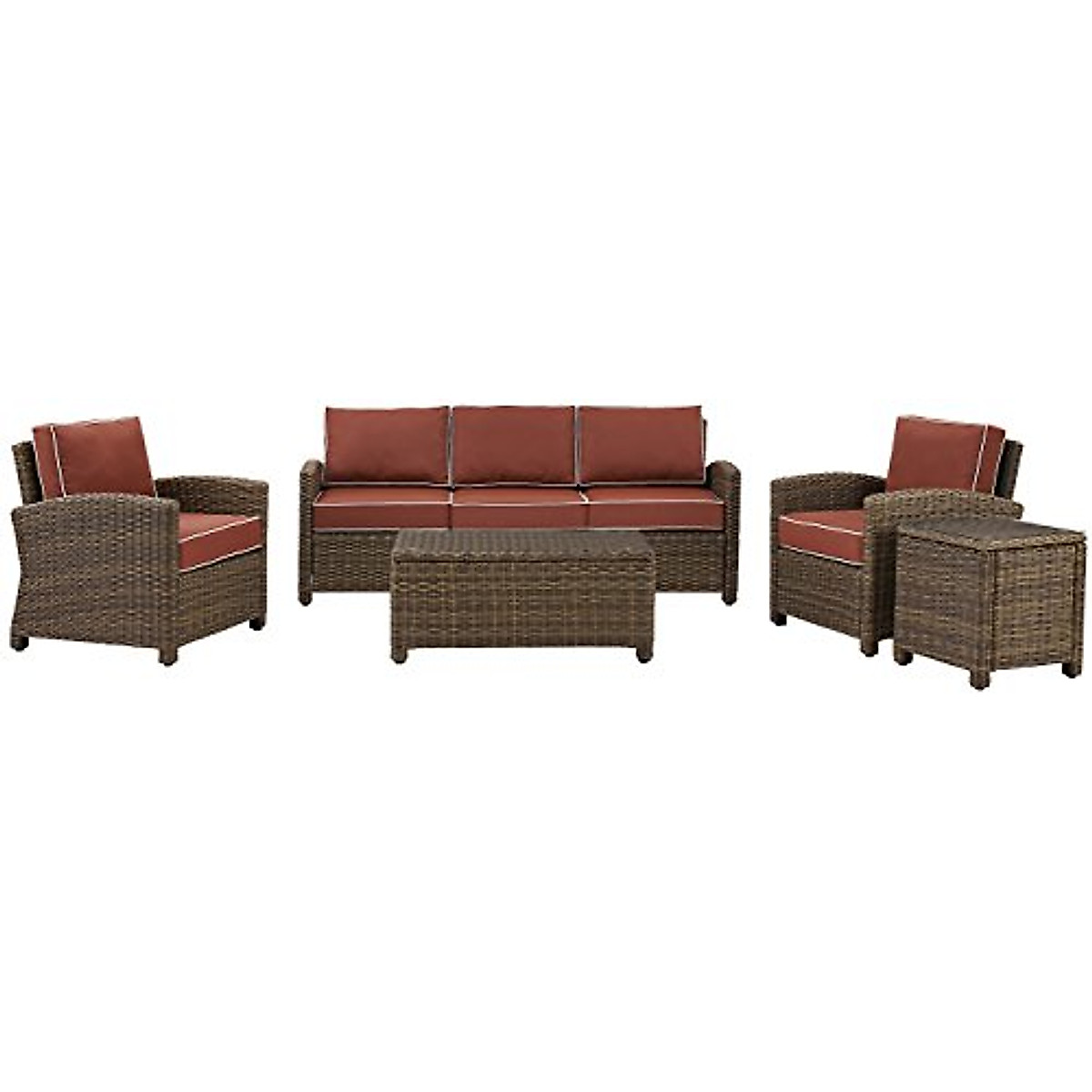 Crosley Furniture Bradenton 5-Piece Outdoor Sofa Patio Furniture Set, Wicker Conversation Sets for Porch, Brown with Sangria Cushions
