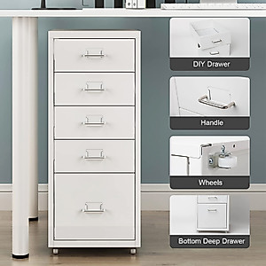 MIOCASA 5 Drawer Metal File Cabinet Mobile Underdesk Chest for Home Office (White)