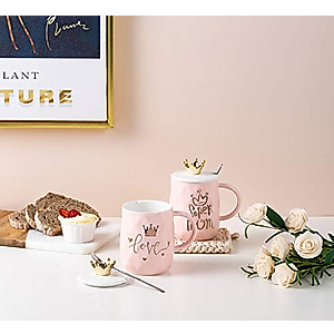 Mug for Mom with Crown Cute Coffee Ceramic Cup Unique Gift for Women Queen Wife Grandma Girlfriend Daughter Mother's Day - 15oz with Lid & Spoon (Super Mom)