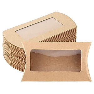 ISKYBOB 50 Pieces Kraft Paper Pillow Candy Boxes, 5 x 3in Small Treat Gift Box with Clear Windows Rustic Party Favors Packaging for Wedding, Baby Shower, Birthday