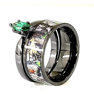 Black Titanium Camo & Geen Marquise Stainless Steel Engagement Wedding Ring Set (7)