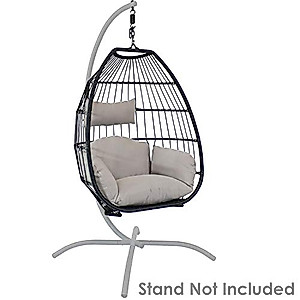 Sunnydaze Oliver Hanging Egg Chair with Seat Cushions - Bohemian Black Resin Wicker Hanging Chair with Collapsible Nylon Rope Back and Gray Polyester Cushions - 48-Inch