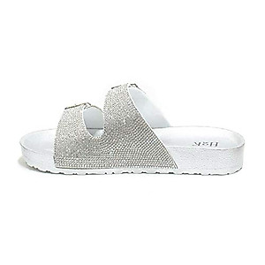 H2K Womens Glitter Double Buckle Adjustable Comfort Slip On Slides Sandals Espen (Silver, 10)