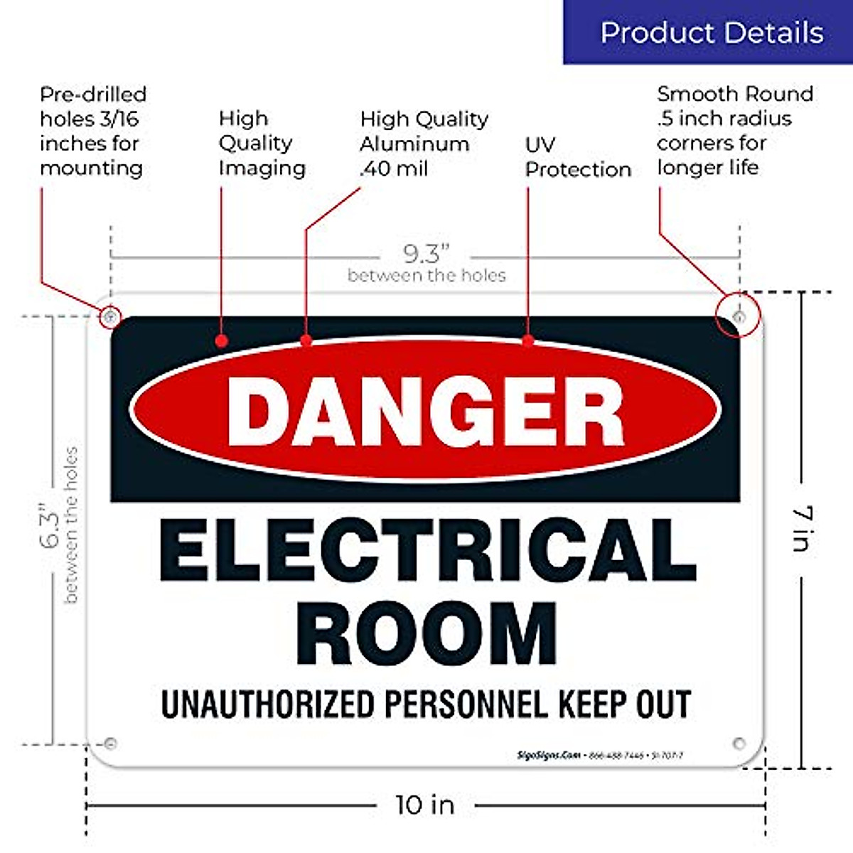 Electrical Room Sign, 10x7 Inches, Rust Free .040 Aluminum, Fade Resistant, Made in USA by Sigo Signs