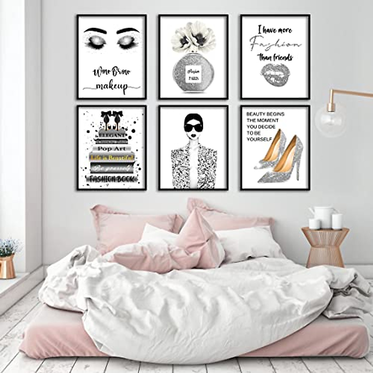 Glam Silver Fashion Wall Decor Girls Room Decor Wall Art Glitter Silver Fashion Lady Perfume Flower Book High Heels Posters Prints Women Bathroom Decor Bedroom Decor(8x10 inch Unframed, Silver)