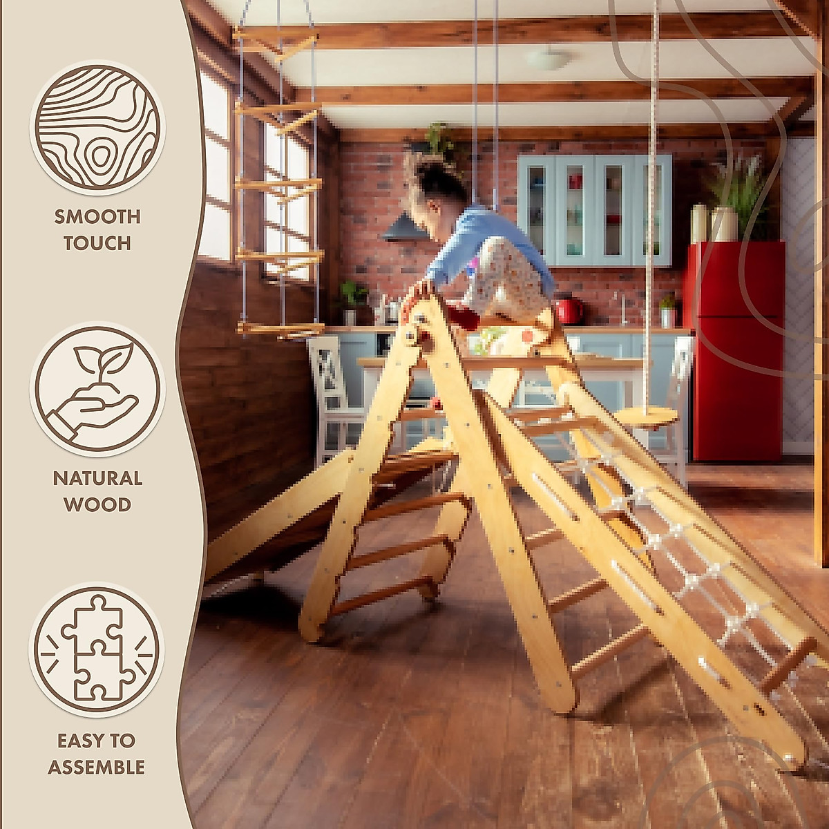 Set 3 in 1 Wooden Triangle Ladder + Climbing Net + Board Slide with Ramp, Montessori Play Gym for Toddlers - Kids Indoor Playground, Aged 6 Months to 7 Years