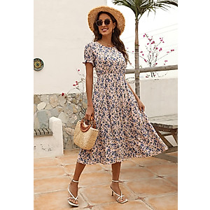 NAVINS Women Floral Print Puff Sleeve Tiered A-Line Swing Midi Dress with Pockets NA1002 (L,Pink Print)