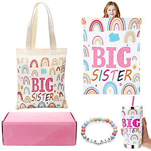 ALEXPRE 4 Pcs Big Sister Gifts for Girls,20oz Stainless Steel Mug Vacuum Insulated Tumbler with Leak Proof Lid and Silicone Straw,Big Sister Blanket and Bracelet with Canvas Tote Bag for Little Girls
