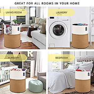 COMSE Extra Large Blanket Basket, Storage Basket, Large Laundry Baskets, 15.7”x 21.7”, Cotton Rope Basket, Blanket Storage for Living Room, Toy Basket, Woven Basket, Clothes Baskets,White/Camel