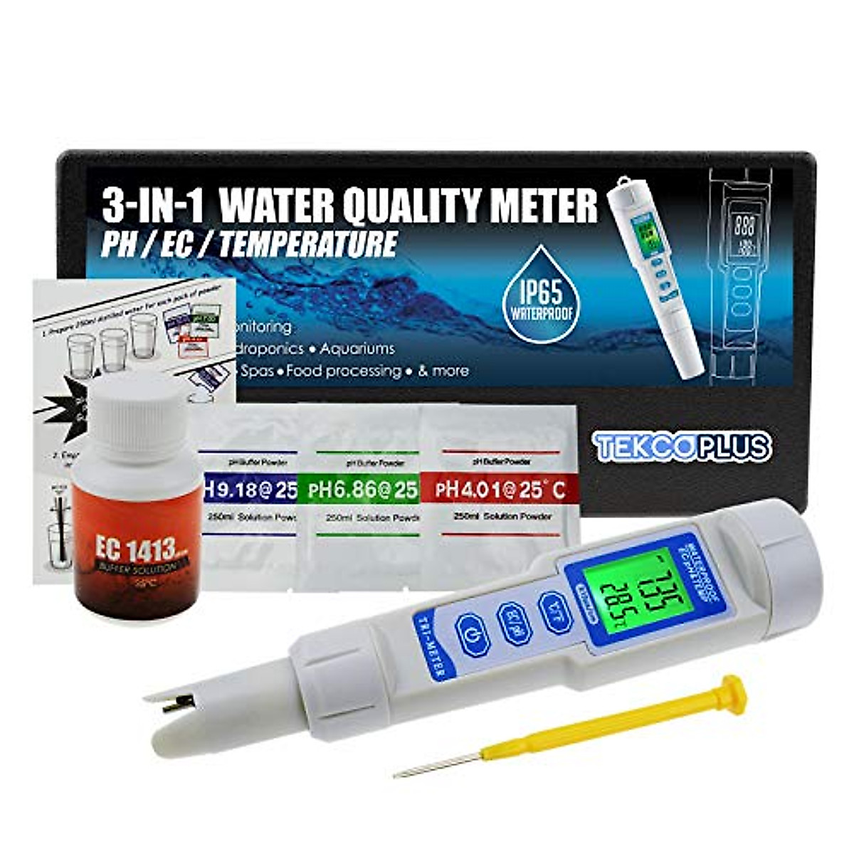 3 in 1 Water Quality Multi-Parameter pH EC Temperature Meter Tester Monitor Sensor Probe Test Kit ATC Waterproof Black-Light for Aquariums Hydroponics Laboratory Pool Spa Drinking Water