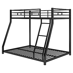 BOVZA Metal Twin Over Full Bunk Beds, Floor Bunk Bed Frame with Ladder and Safety Guard Rail for Kids Teens Adults, Black