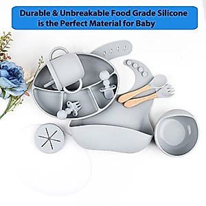 Maxsprout Baby Silicone Feeding Set for 6 Months and Up-Bowl with Suction, Divided Plate With Lid, Cup W/Straw & Snack Lid & More - BPA free-Toddler Self Feeding Utensils - Baby Led Weaning(Set of 12)