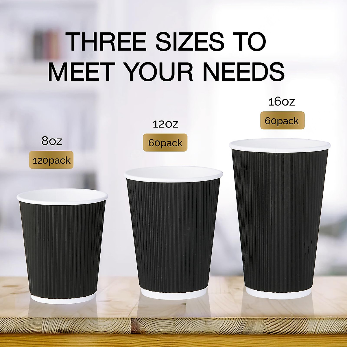 JollyPack 120 Pack 8 oz Paper Coffee Cups, Disposable Coffee Cups, Black Hot Beverage Cups with Ripple Wall Design, Hot Beverage Cups Suitable for Birthday,Party and any occasions