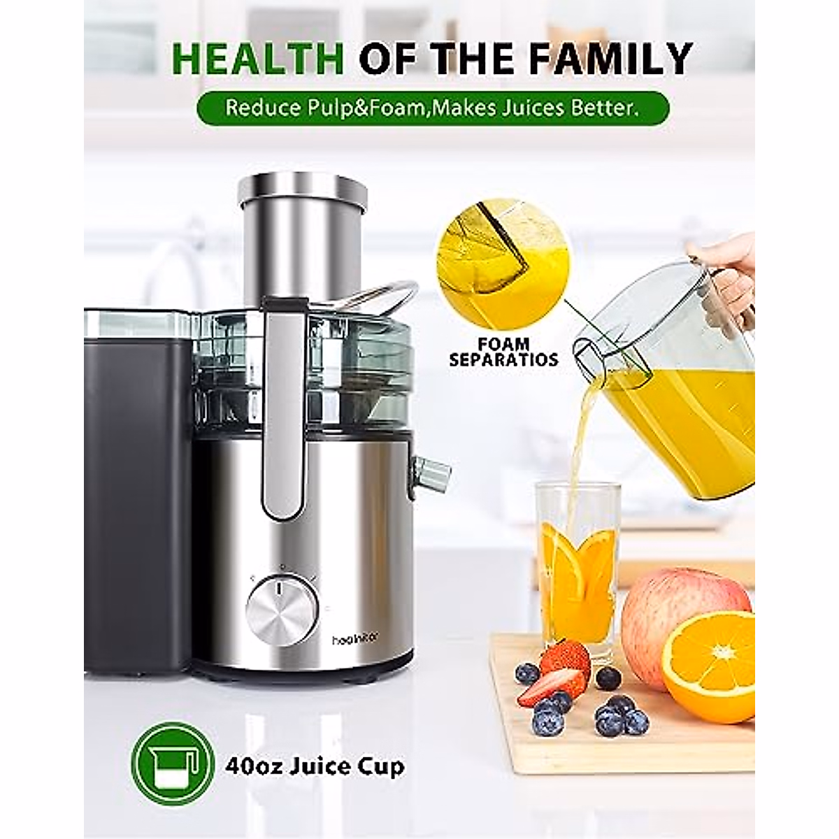 Healnitor 1000W 3-Speed LED Centrifugal Juicer Machines Vegetable and Fruit, Stainless Steel 3.5" Big Mouth, Easy Clean, High Juice Yield, BPA Free, Stainless Steel
