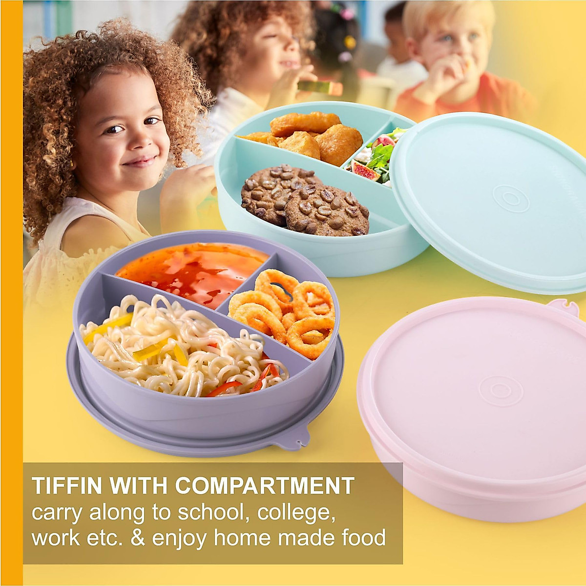 Snack Containers 3-Pack – 3-Compartment Round Snack Containers for Kids and Adults – Stackable Food Storage Containers with Lids – BPA-Free Dishwasher-Safe Snack Boxes for Kids Single Serving