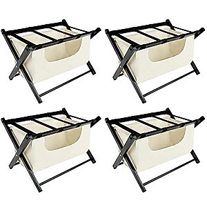 Luggage Rack Pack of 4, with Detachable Laundry Bag, Premium Texture Solid Wood Luggage Rack for Guest Room, Nylon with Foldable Suitcase Rack for Max 200LBS Load, Dirty Clothes Storage, Suitable for Hotel Rooms