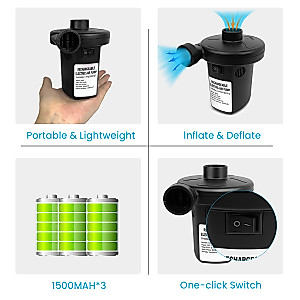 Portable Electric Battery Air Pump for Inflatables, Camping Air Mattress Pump with 3 Nozzles for Airbed Inflatable Pool Inflator Deflator Pump Car Adapter AC/DC Air Pump