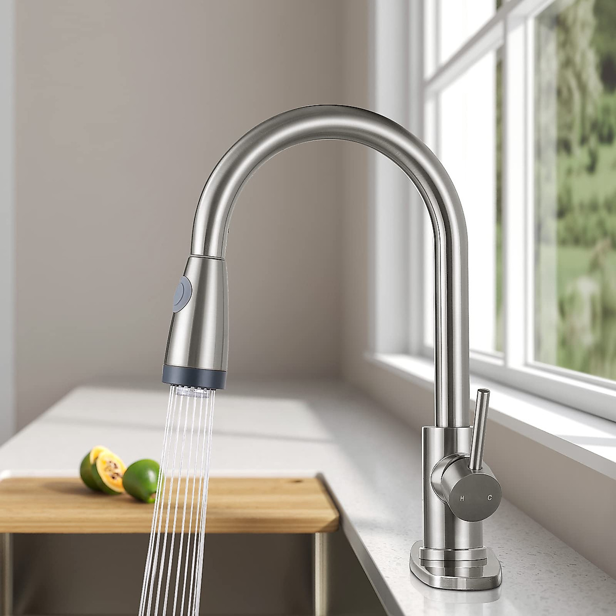 Qomolangma LED Kitchen Faucet with Pull Down Sprayer, Brushed Nickel Single Handle Kitchen Sink Faucet with Pull Out Sprayer, Stainless Steel