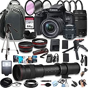 Canon EOS 850D (Rebel T8i) DSLR Camera w/EF-S 18-55mm F/4-5.6 STM Zoom Lens + 75-300mm F/4-5.6 III Lens + 420-800mm Super Telephoto Lens + 64GB Memory Cards, Professional Photo Bundle (44pc Bundle)