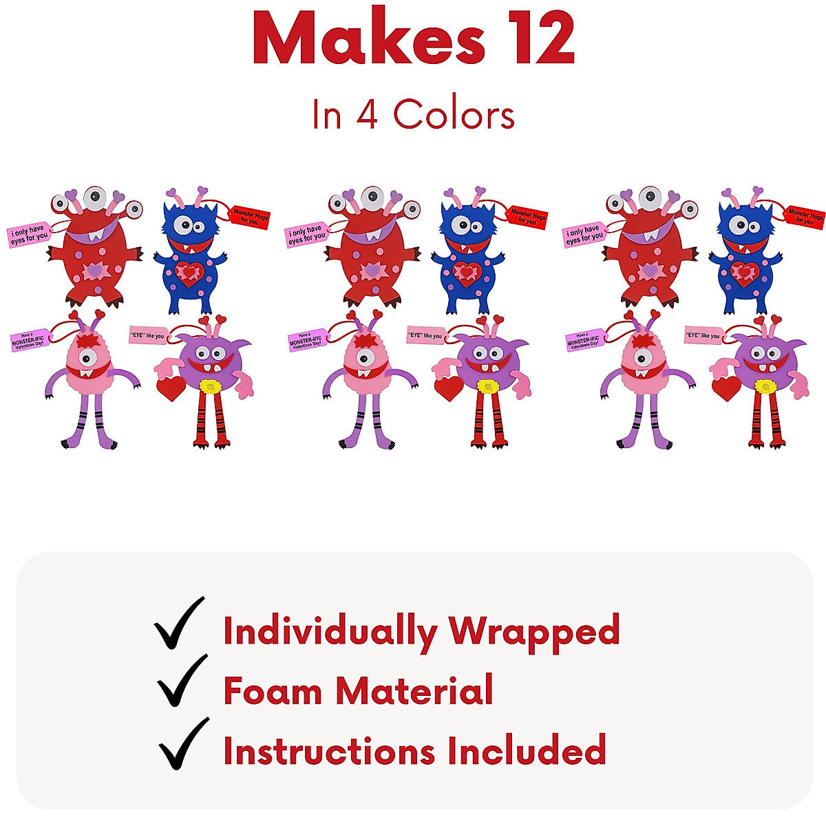 4E's Novelty Valentines Monster Craft Ornament (12 Pack) Foam Valentines Day Crafts for Kids Classroom DIY Card Activity Bulk - Individually Wrapped