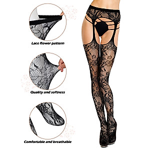 Geyoga 2 Pieces Suspender Pantyhose Long Floral Lace Gloves Stocking Fishnet Tights Garter Belt Stockings for Women, Black (Medium)