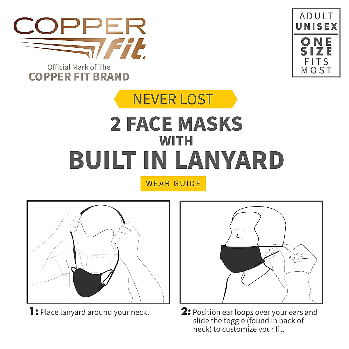 Copper Fit Unisex Never Lost Face Masks for Adults, Resuable Washable Fabic Mask, Copper Infused , 2 Pack