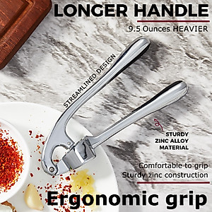 Premium Garlic Press, Garlic Mincer Set of 3 with Silicone Roller Peeler & Cleaning Brush - Gloss Silver