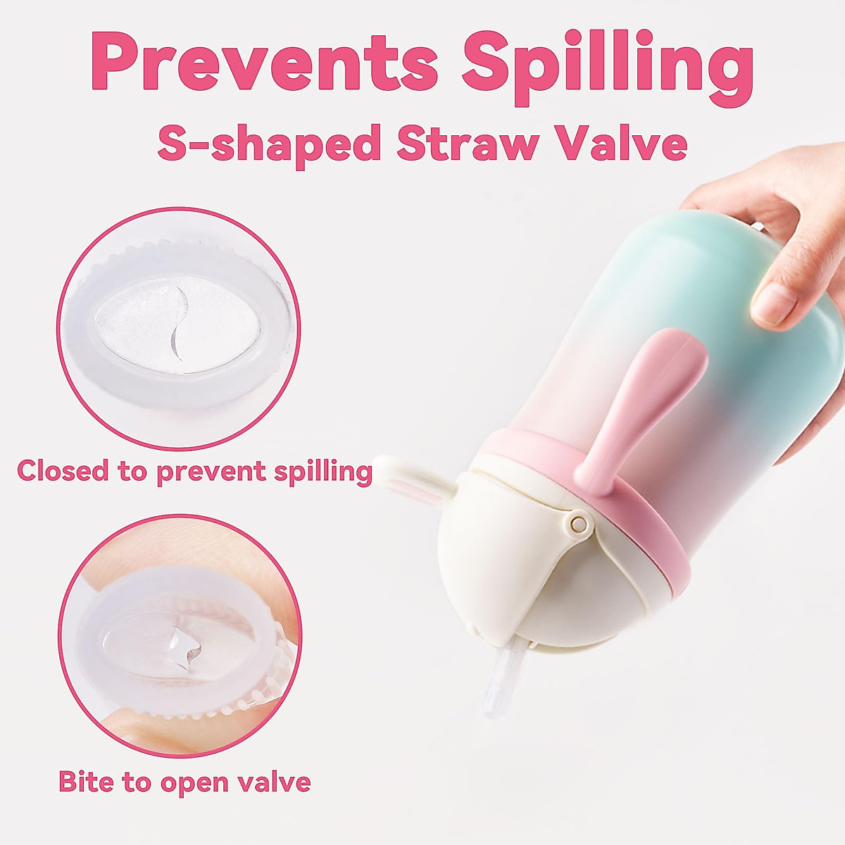 NCVI Weighted Straw Sippy Cup Spill Proof Stainless Steel, Kids Toddler Thermal Cup with Removable Handle and Replacement Head Straw Perfect for 2 Years Old, 10oz (Pink Bunny)
