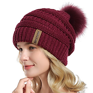 QUEENFUR Women Knit Slouchy Beanie Chunky Baggy Hat with Faux Fur Pompom Winter Soft Warm Ski Cap