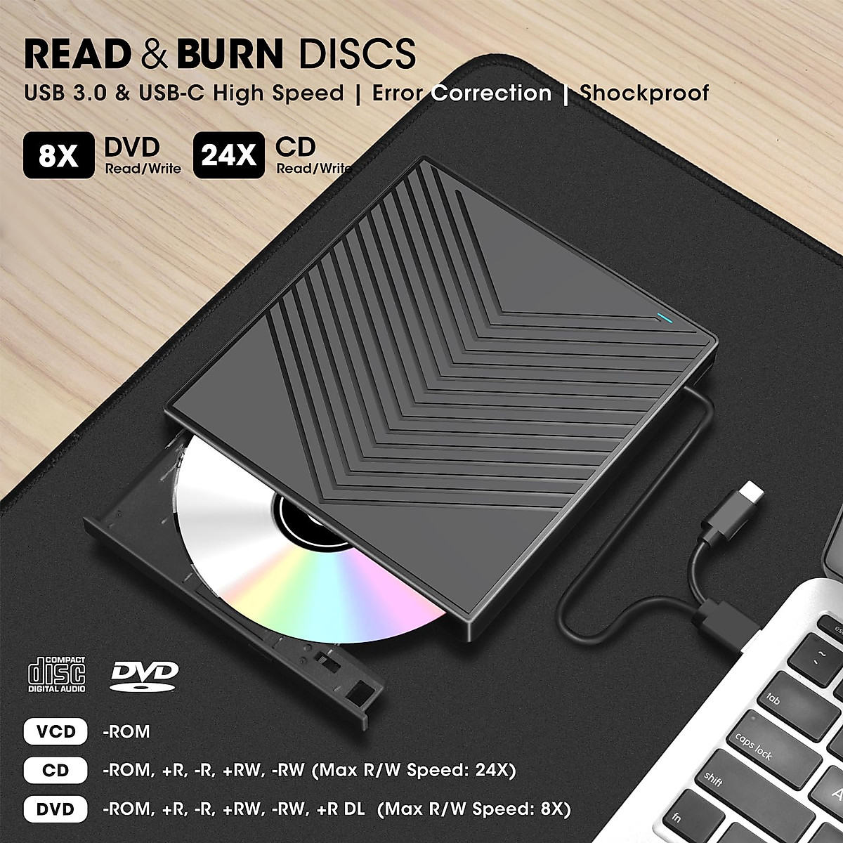 ROOFULL External CD DVD Drive, USB 3.0 & USB-C CD/DVD Burner Player with 4*USB Ports and 2*SD/TF Card Reader, Portable CD/DVD-ROM +/-RW Disk Drive Adapter for Laptop PC Mac Windows 11/10/8/7 Linux