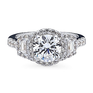 BERRICLE Sterling Silver 3-Stone Wedding Engagement Rings Round Cubic Zirconia CZ Halo Ring for Women, Rhodium Plated Size 7