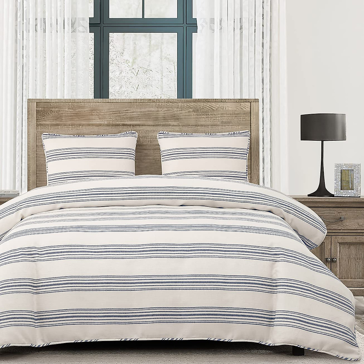 HiEnd Accents Prescott Farmhouse Bedding, 3 Piece Super King Size Striped Comforter Set with Pillow Shams, Ivory Navy Ticking Stripes Pattern, Chic Casual Coastal Boho Style Bed Set