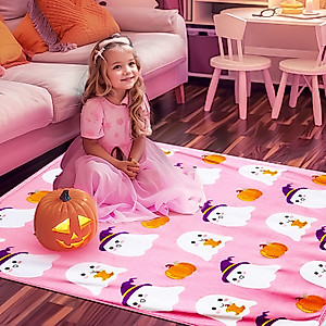Jansun Halloween Pink Flannel Blanket, 60 x 50 Inch Ghost Pumpkin Throw Blanket Lightweight Reversible Blankets Plush Throw Blanket Soft Living Room Couch Bed Blanket for Girls Boys
