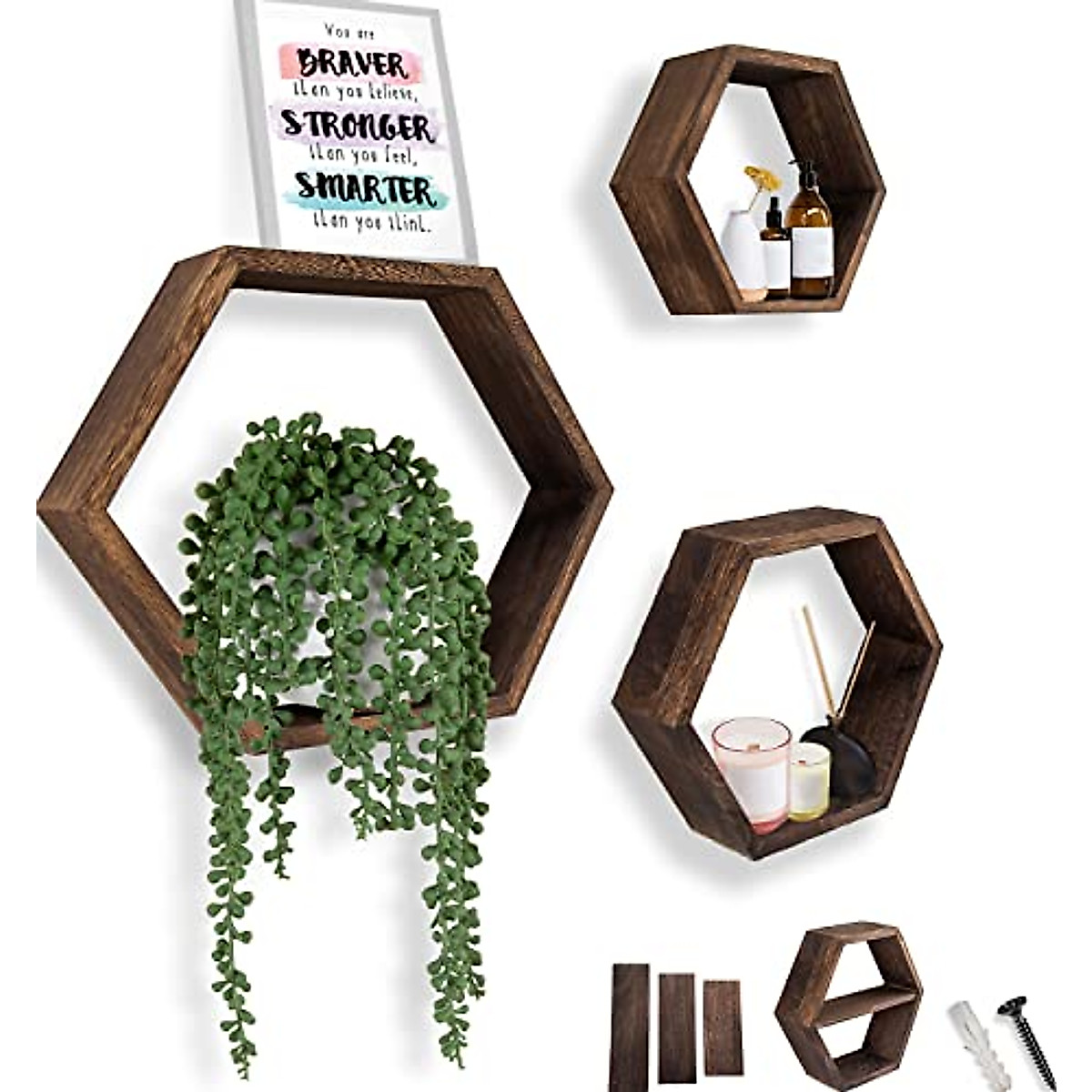 Rustic Wall Mounted Hexagonal Floating Shelves – Set of 3 – Large, Medium and Small – Screws and Anchors Included - Farmhouse Shelves for Bedroom, Living Room and More – Honeycomb Wall Décor - Torched