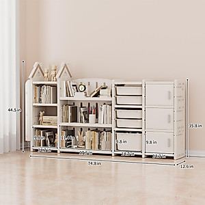 UNICOO Kids Toy Storage Organizer with Removable Bins, 4-Tier Bookshelf and Cabinet - Pull-Out Drawers Shelf for Toddlers - Space-Saving Solution for Nursery, Playroom, Study Room (White)