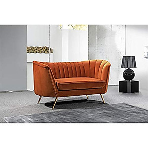 Meridian Furniture Margo Collection Modern | Contemporary Velvet Upholstered Loveseat with Deep Channel Tufting and Rich Gold Stainless Steel Legs, Cognac, 65" W x 30" D x 33" H