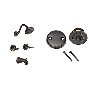 Design House Oakmont Classic Bath and Shower Trim with Single-Function Shower Head (523472) | Lift and Turn Bath Drain Plug Kit with Two-Hole Overflow Faceplate