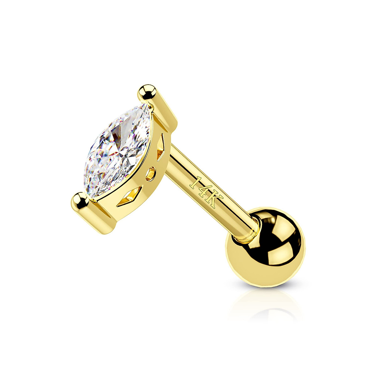 COCHARM 14K Solid Gold Cartilage Earring Stud 16g Oval CZ Leaf Helix Earring Stud 7mm 16 Gauge Cartilage Piercing Jewelry for Women